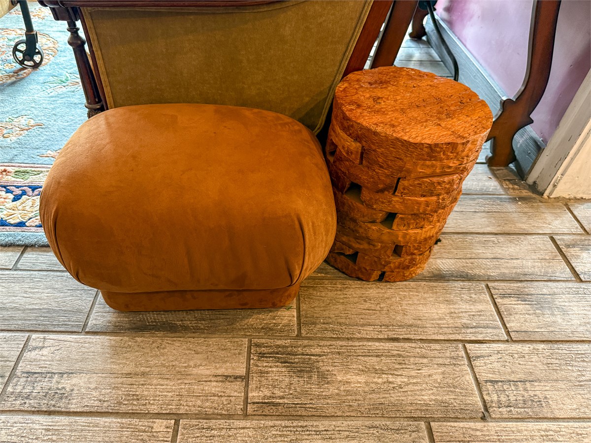 2ndsupply.com - Modern Suede Ottoman & Rustic Carved Wood Stool-Accent ...